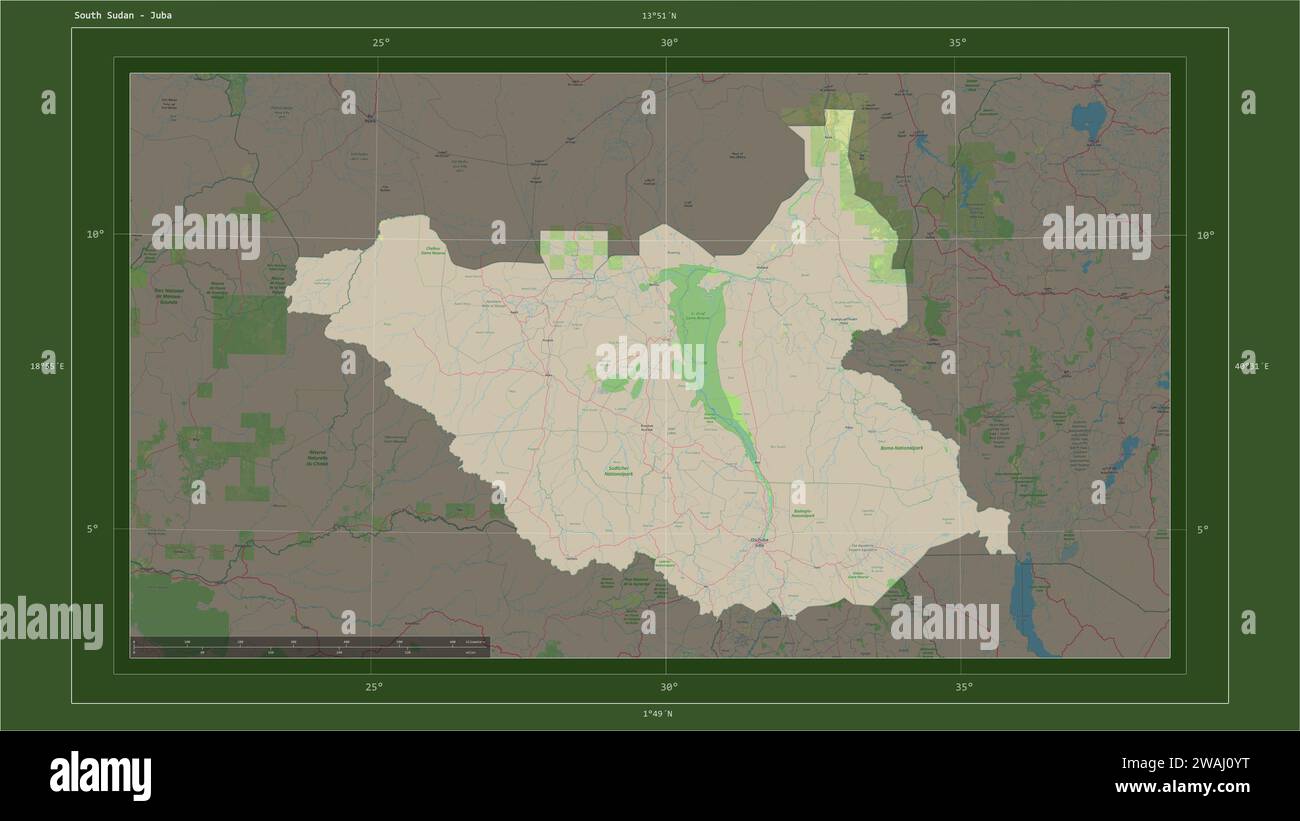 South Sudan highlighted on a topographic, OSM Germany style map map with the country's capital ...