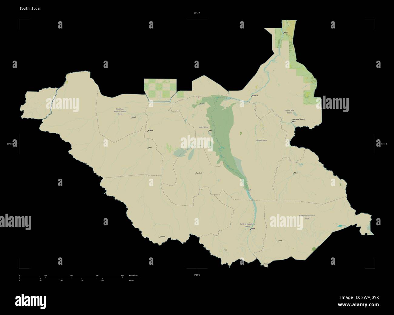 Shape of a topographic, OSM Humanitarian style map of the South Sudan ...