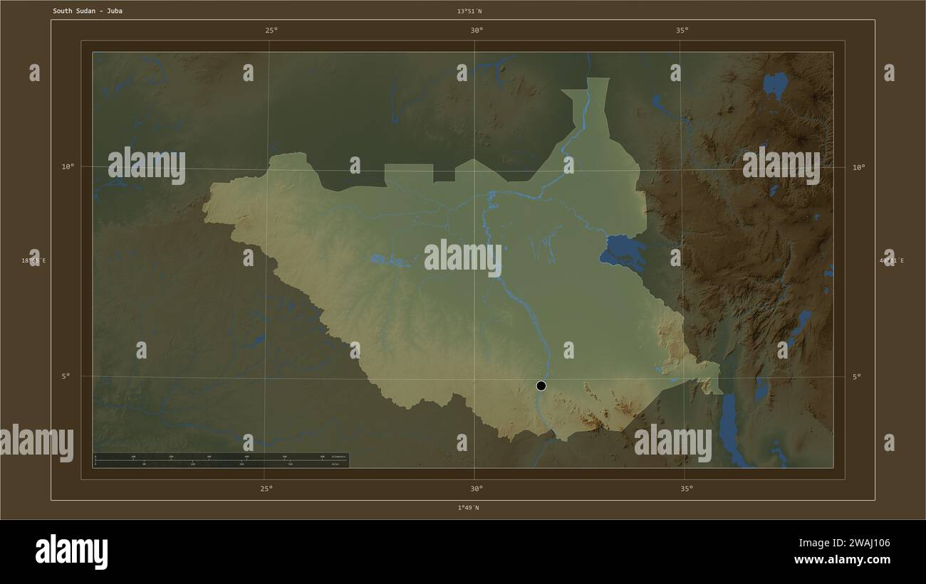 South Sudan highlighted on a Colored elevation map with lakes and ...