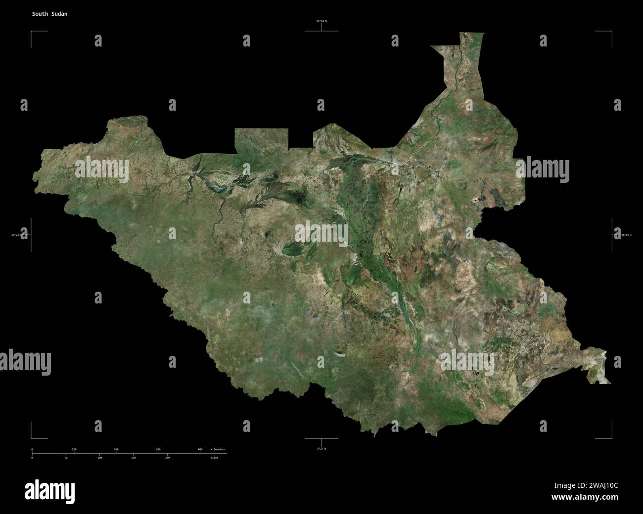 Shape of a high resolution satellite map of the South Sudan, with distance scale and map border ...