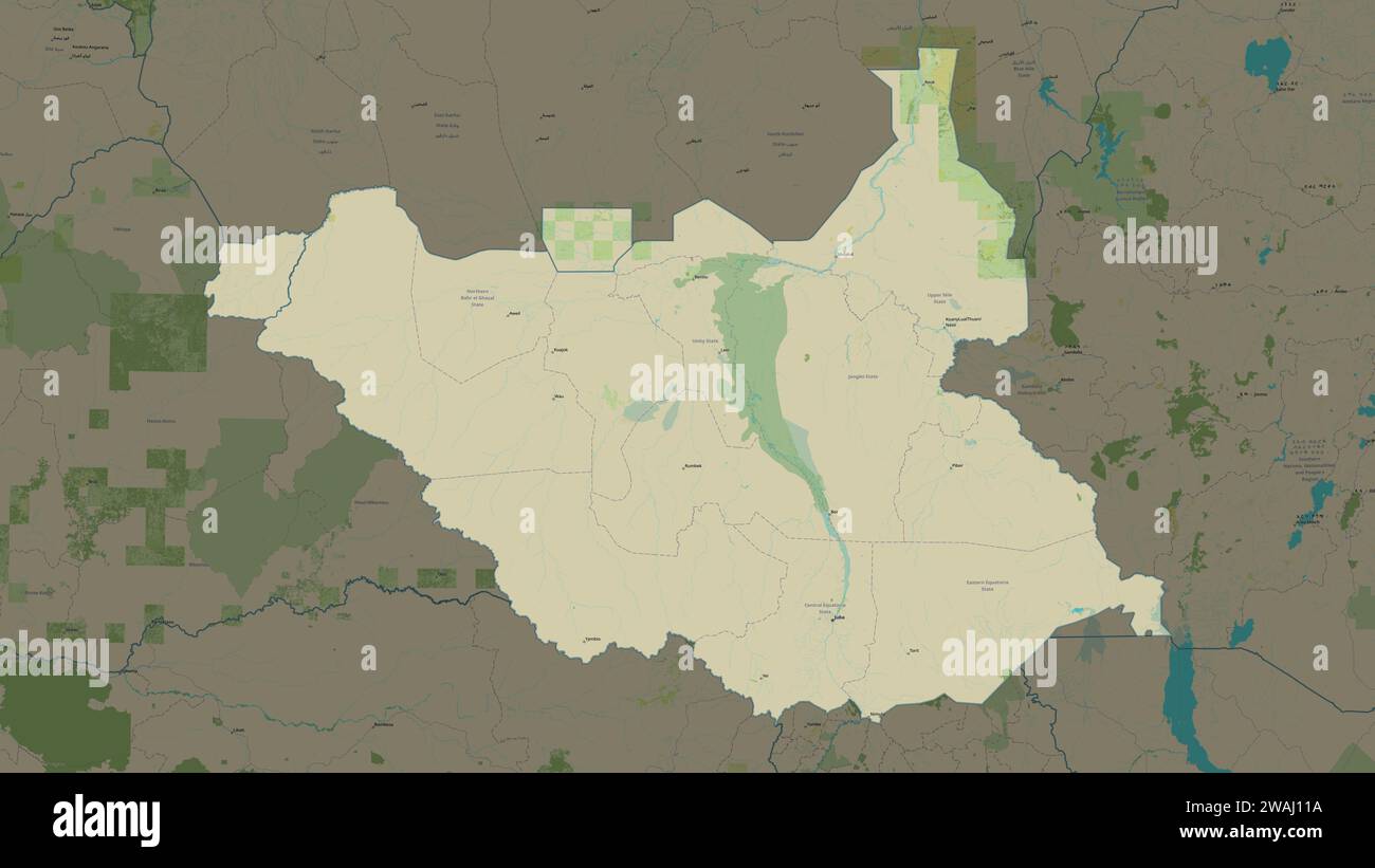 South Sudan highlighted on a topographic, OSM Humanitarian style map ...