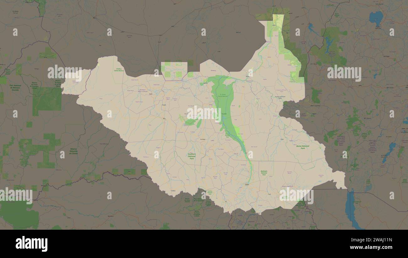South Sudan highlighted on a topographic, OSM standard style map Stock ...