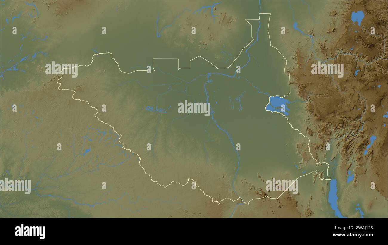 South Sudan outlined on a Colored elevation map with lakes and rivers ...