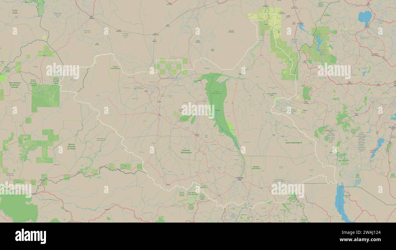 South Sudan outlined on a topographic, OSM Germany style map Stock Photo - Alamy