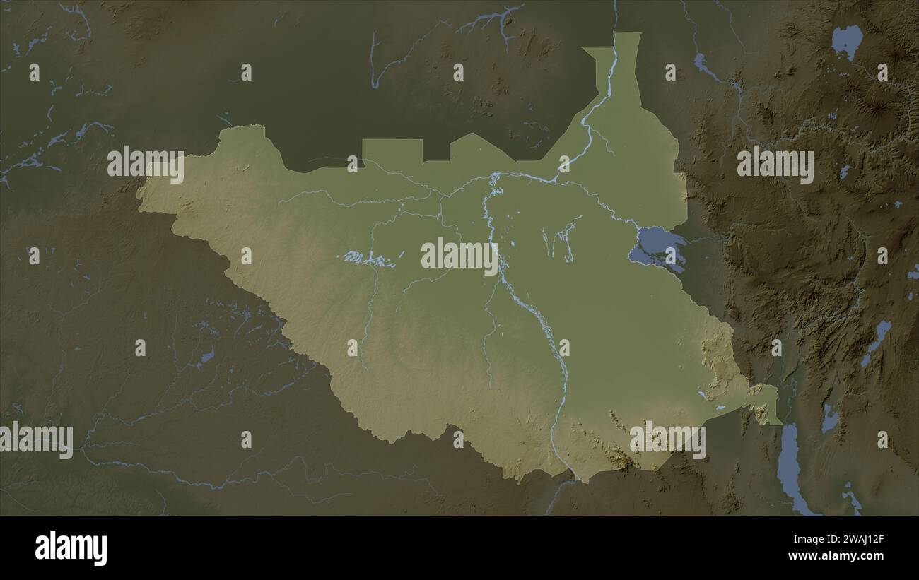 South Sudan highlighted on a Pale colored elevation map with lakes and ...