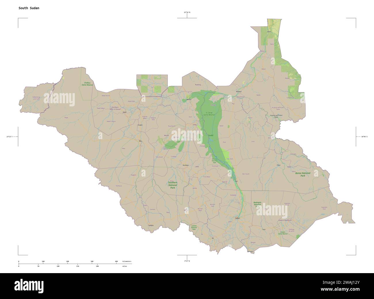 Shape of a topographic, OSM standard style map of the South Sudan, with ...