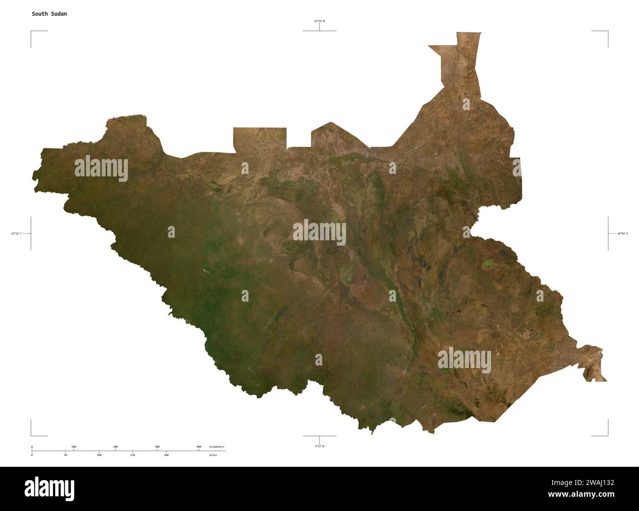 Shape of a low resolution satellite map of the South Sudan, with distance scale and map border ...