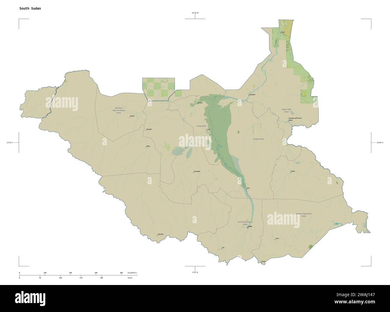 Shape of a topographic, OSM Humanitarian style map of the South Sudan ...