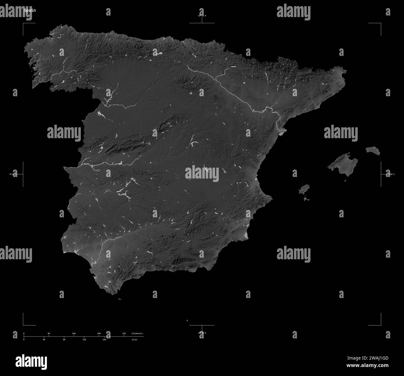Shape of a Grayscale elevation map with lakes and rivers of the Spain ...