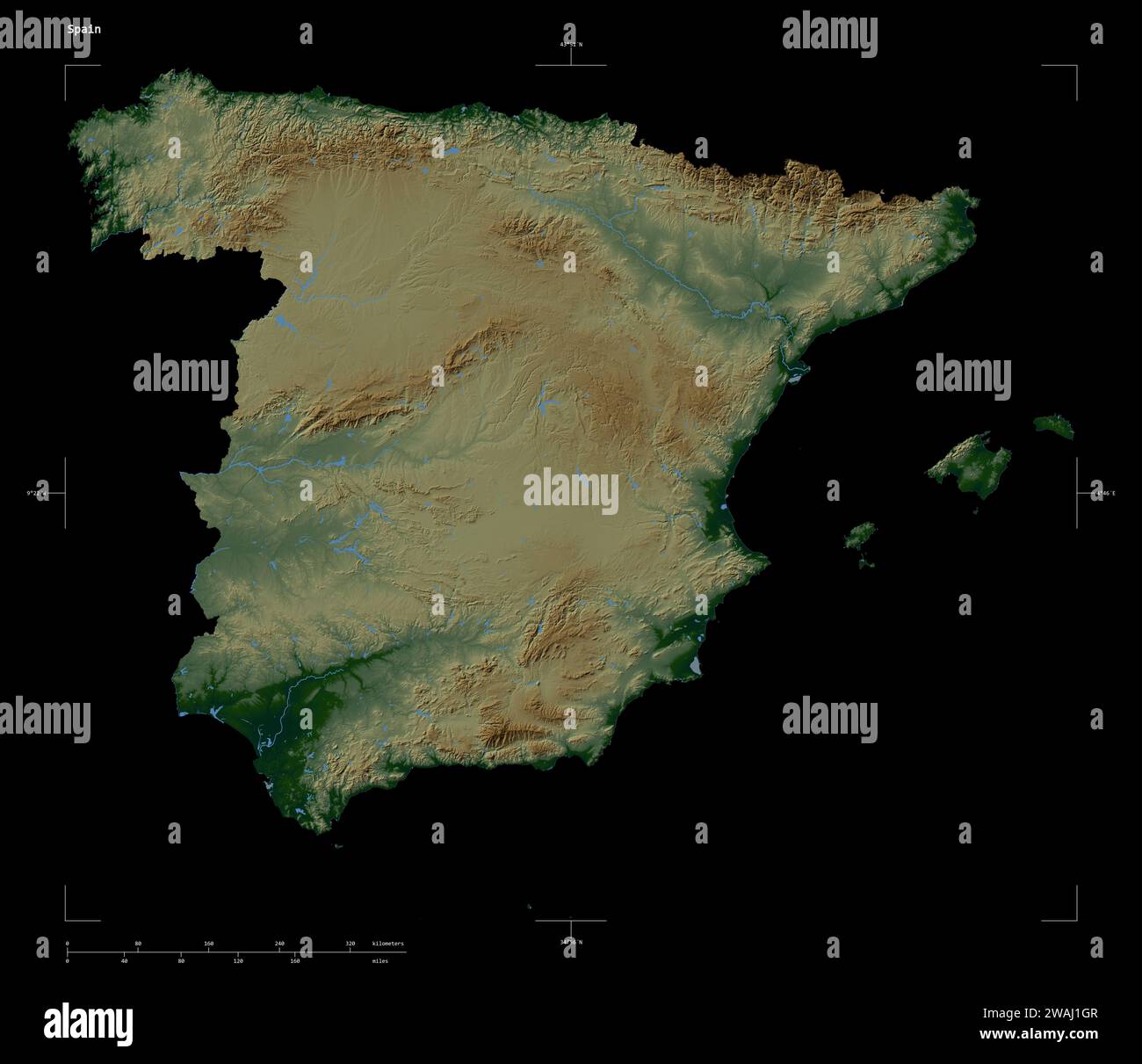 Shape of a Colored elevation map with lakes and rivers of the Spain ...