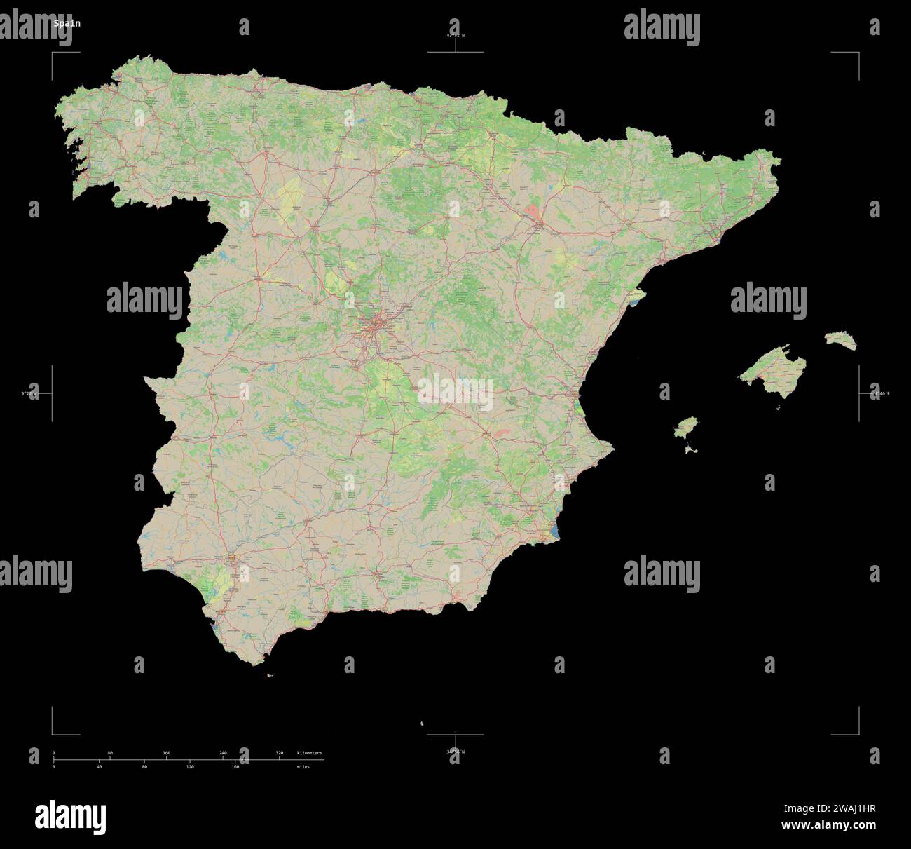 Shape of a topographic, OSM standard style map of the Spain, with ...
