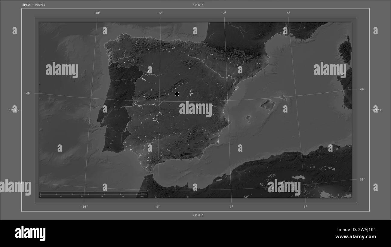 Spain highlighted on a Grayscale elevation map with lakes and rivers ...