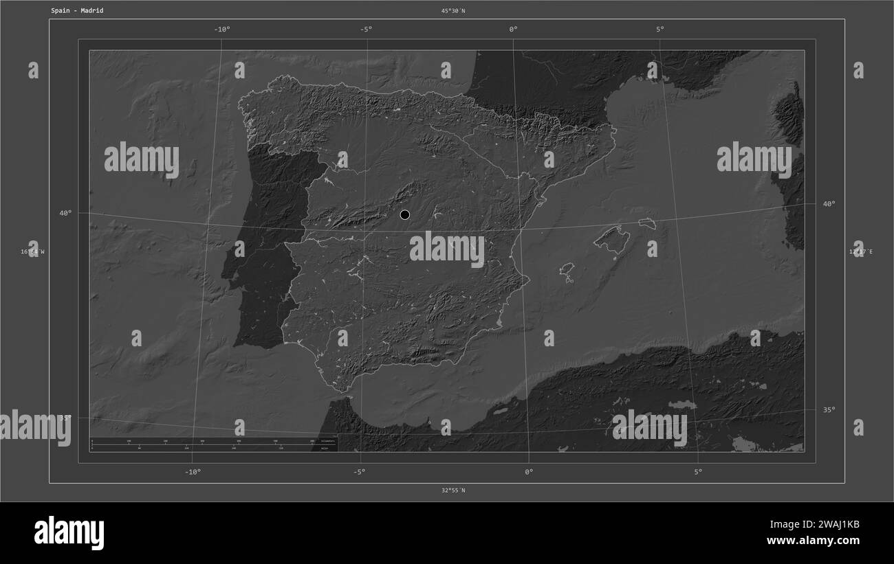 Spain highlighted on a Bilevel elevation map with lakes and rivers map ...