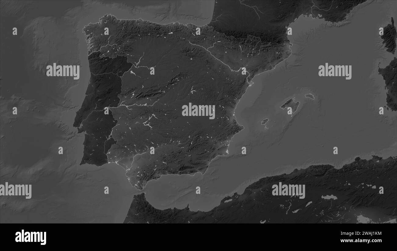 Spain highlighted on a Grayscale elevation map with lakes and rivers ...