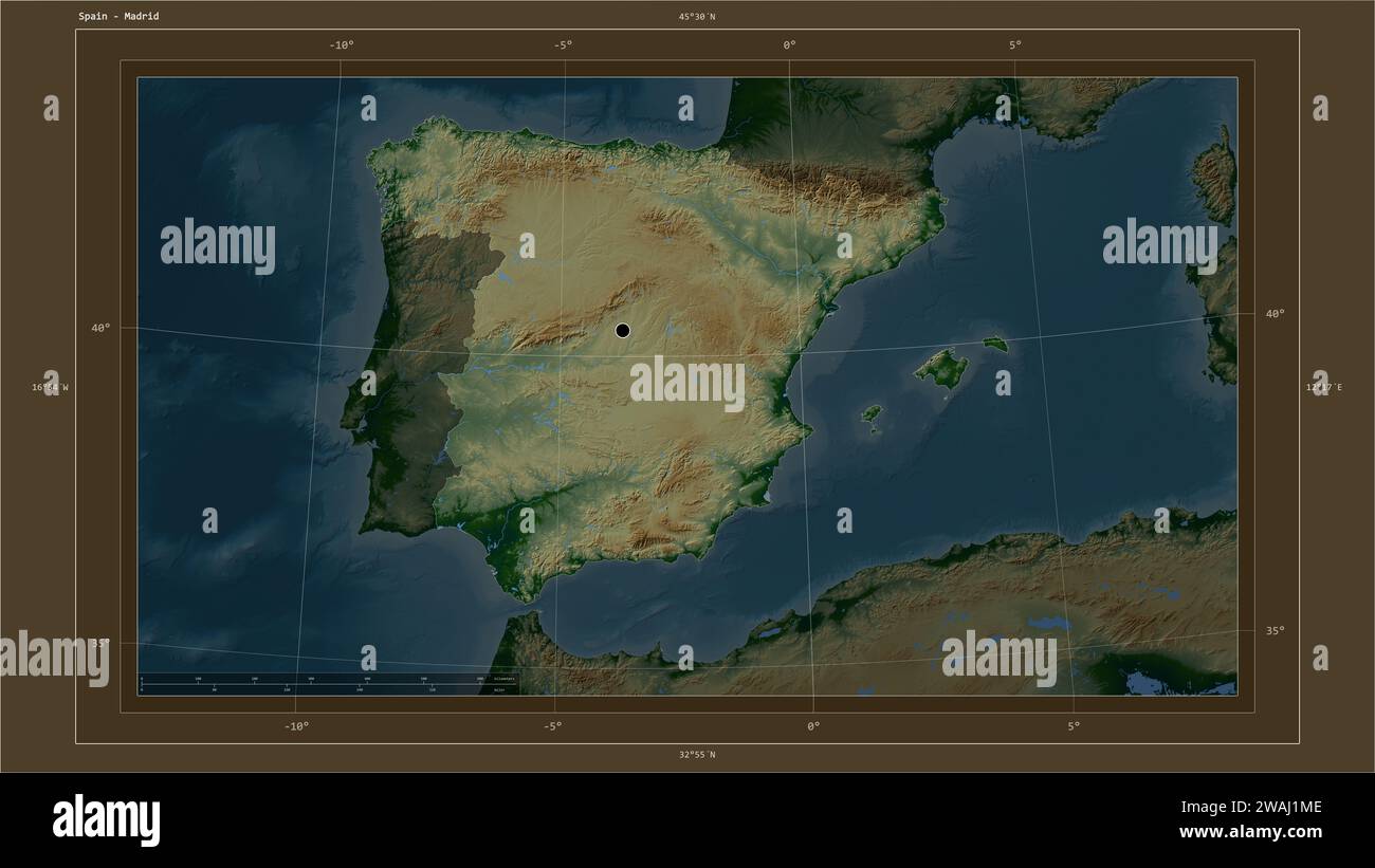 Spain highlighted on a Colored elevation map with lakes and rivers map ...