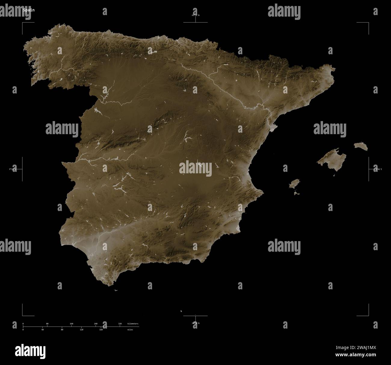 Shape of a elevation map colored in sepia tones with lakes and rivers ...
