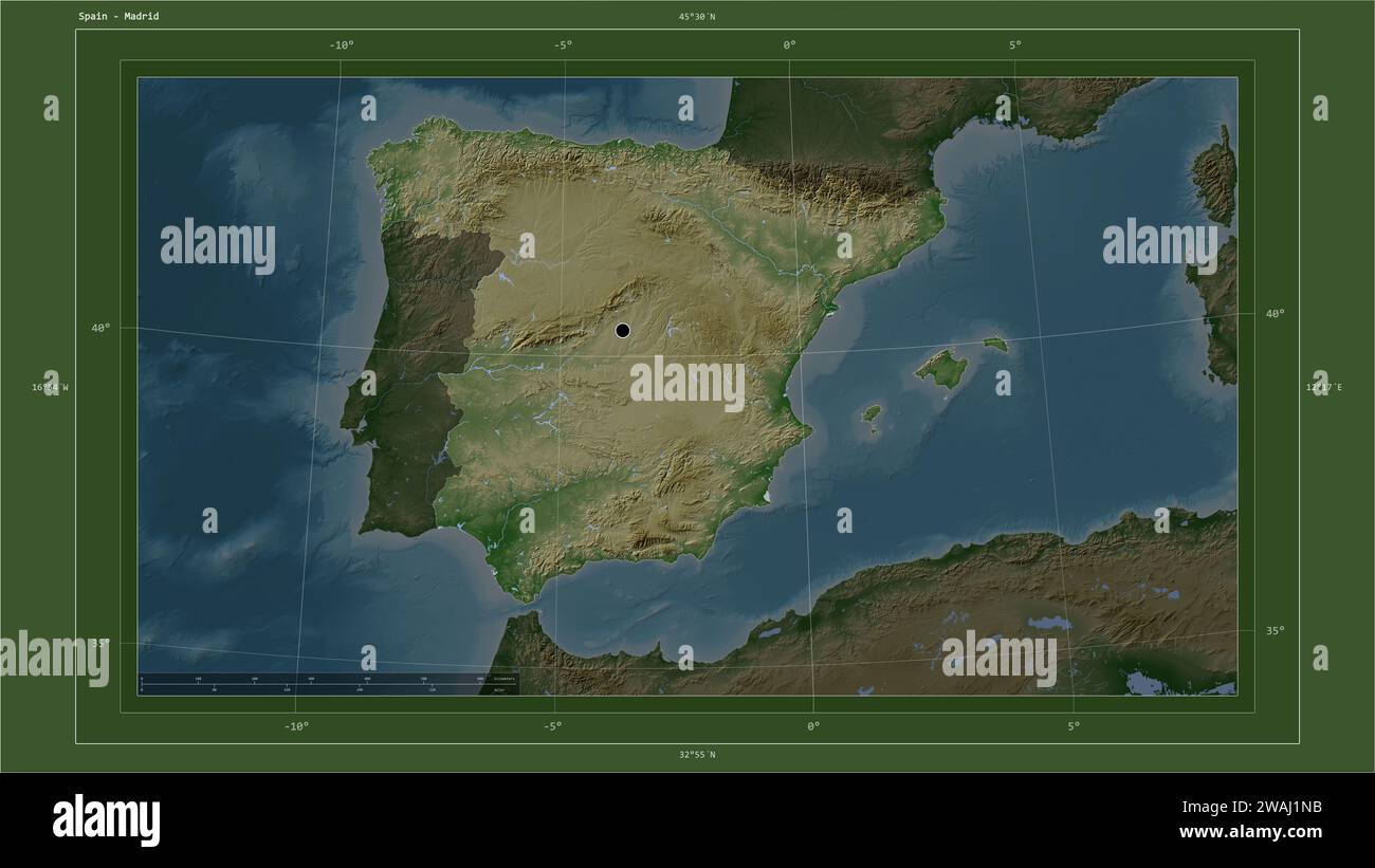 Spain highlighted on a Pale colored elevation map with lakes and rivers ...