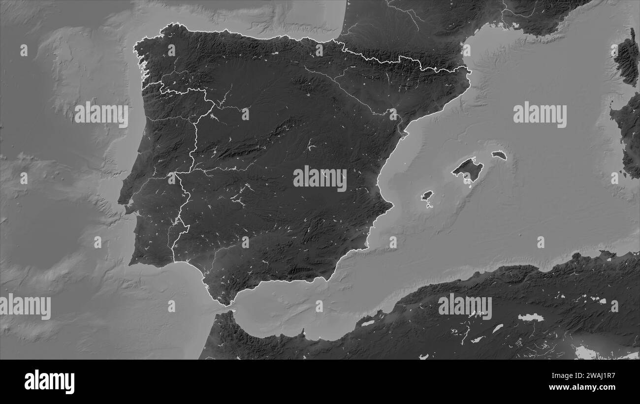 Spain outlined on a Grayscale elevation map with lakes and rivers Stock ...