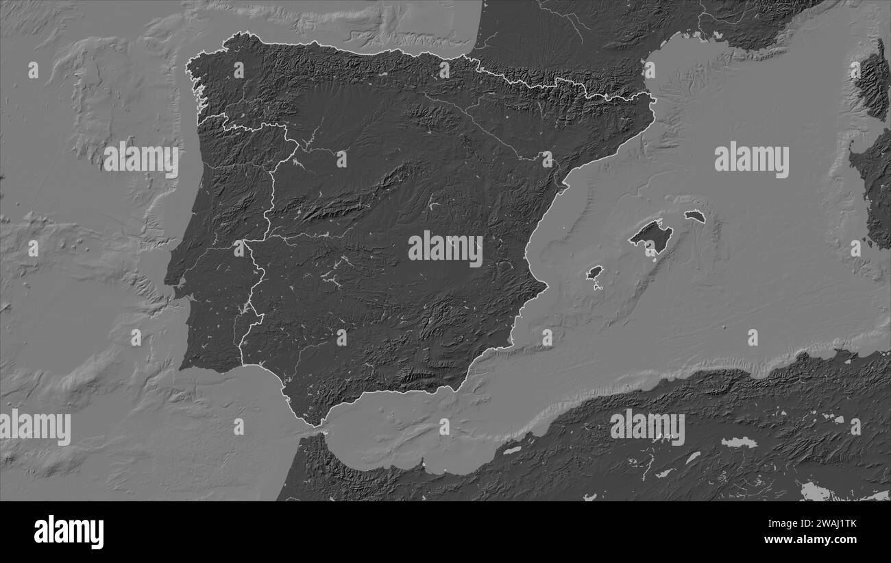 Spain outlined on a Bilevel elevation map with lakes and rivers Stock ...