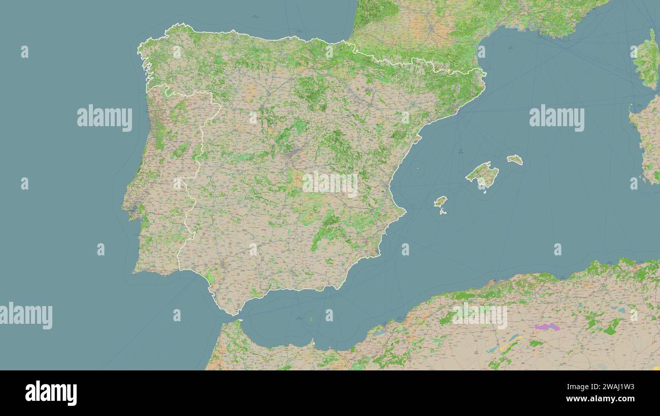 Spain outlined on a topographic, OSM France style map Stock Photo - Alamy