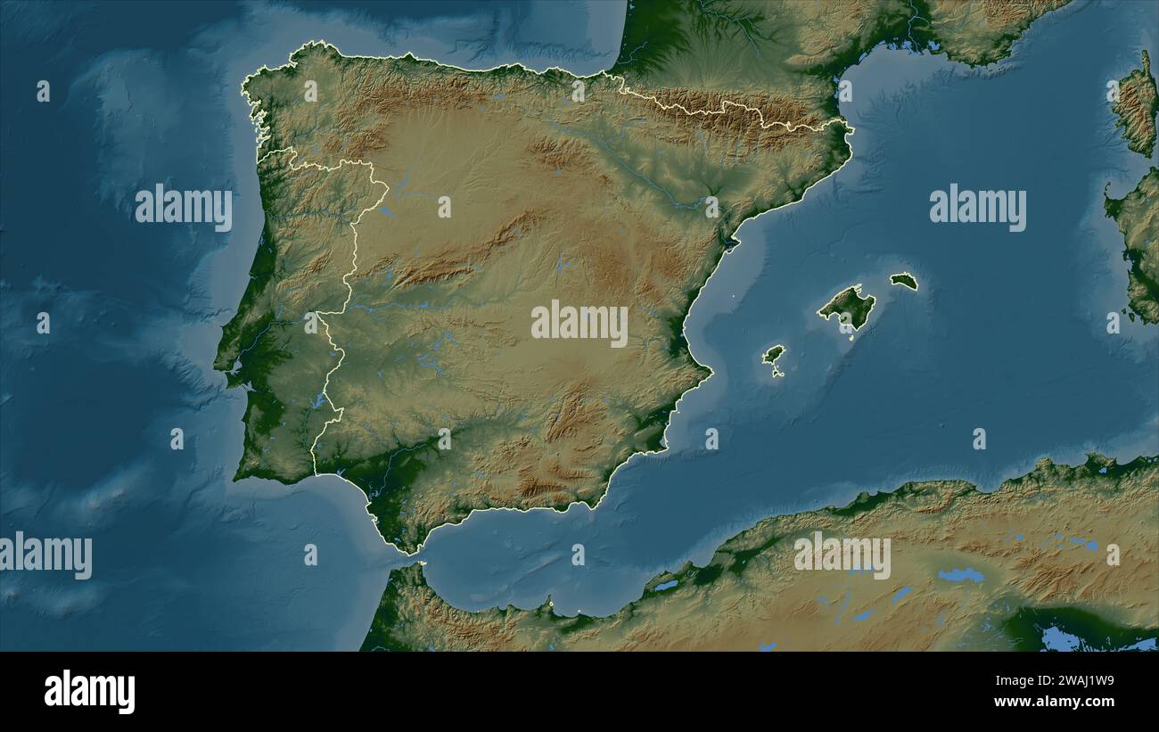 Spain outlined on a Colored elevation map with lakes and rivers Stock ...