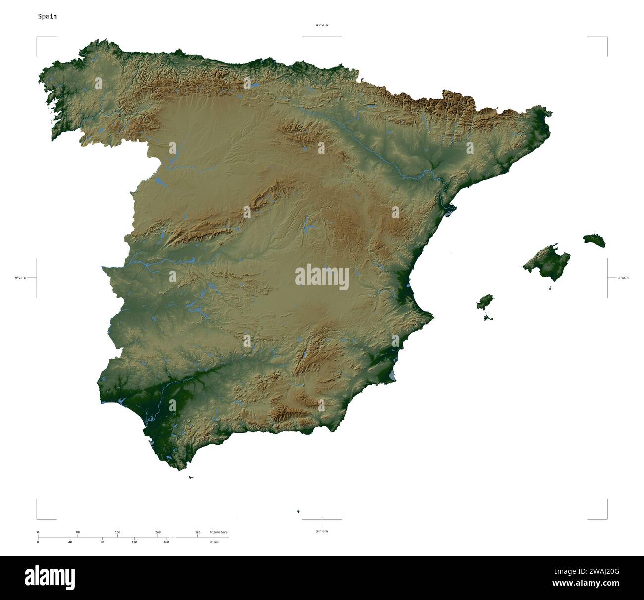 Shape of a Colored elevation map with lakes and rivers of the Spain ...