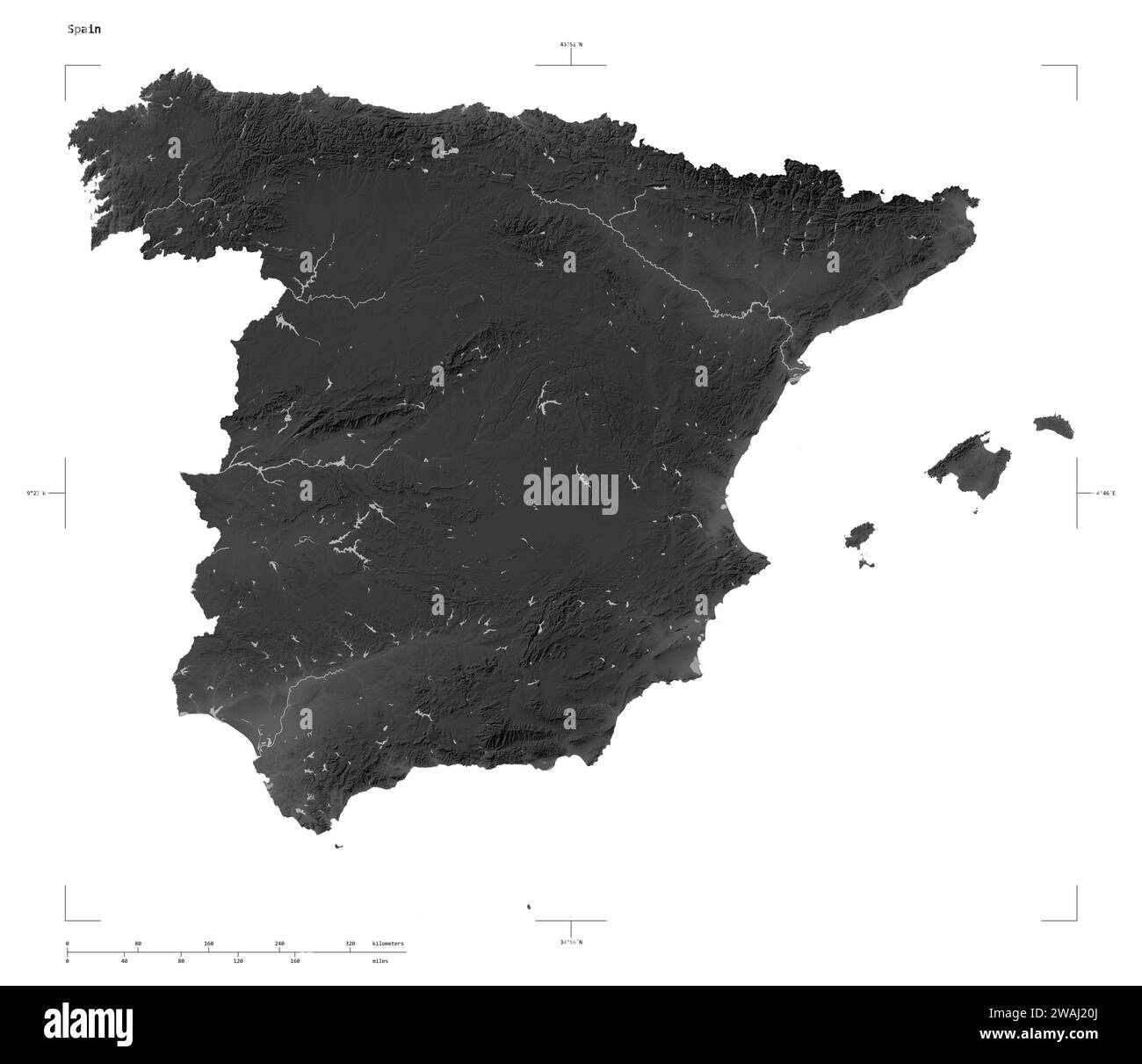 Shape of a Grayscale elevation map with lakes and rivers of the Spain ...