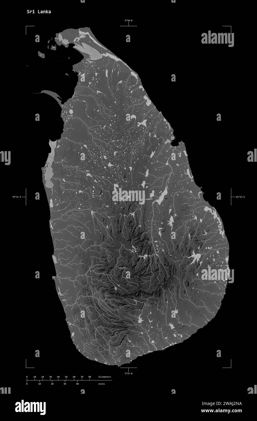 Shape of a Grayscale elevation map with lakes and rivers of the Sri ...
