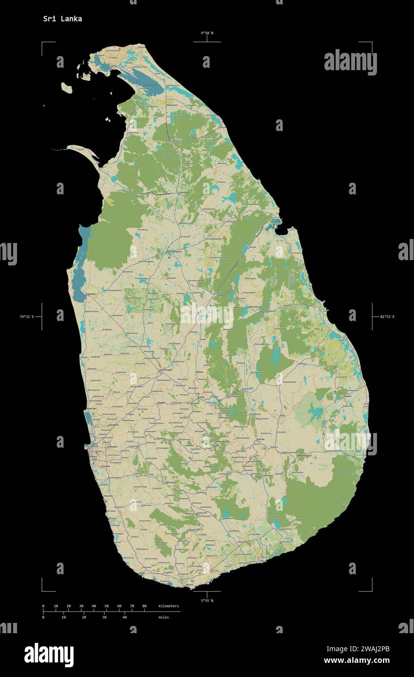 Shape of a topographic, OSM Humanitarian style map of the Sri Lanka ...