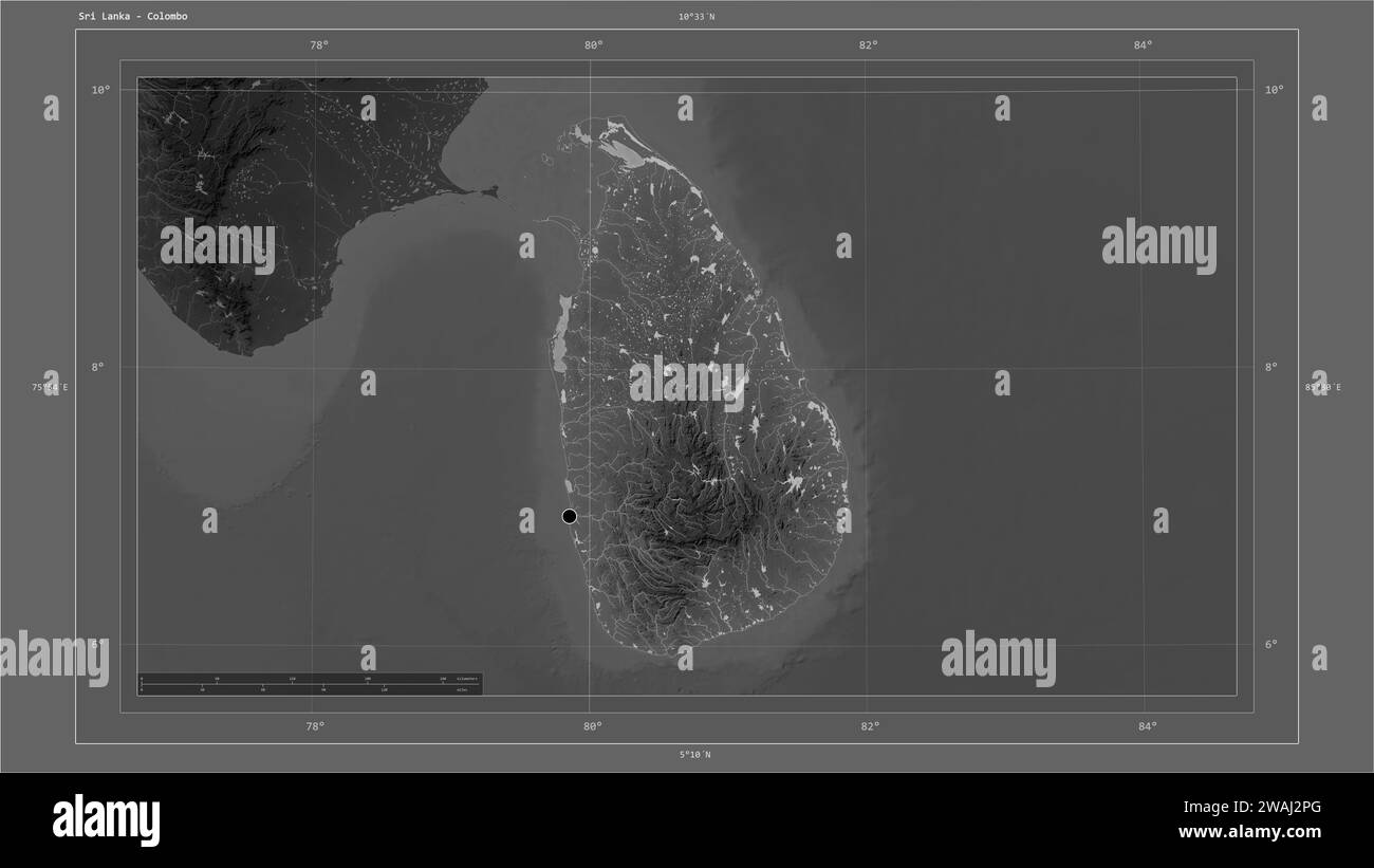Sri Lanka highlighted on a Grayscale elevation map with lakes and ...