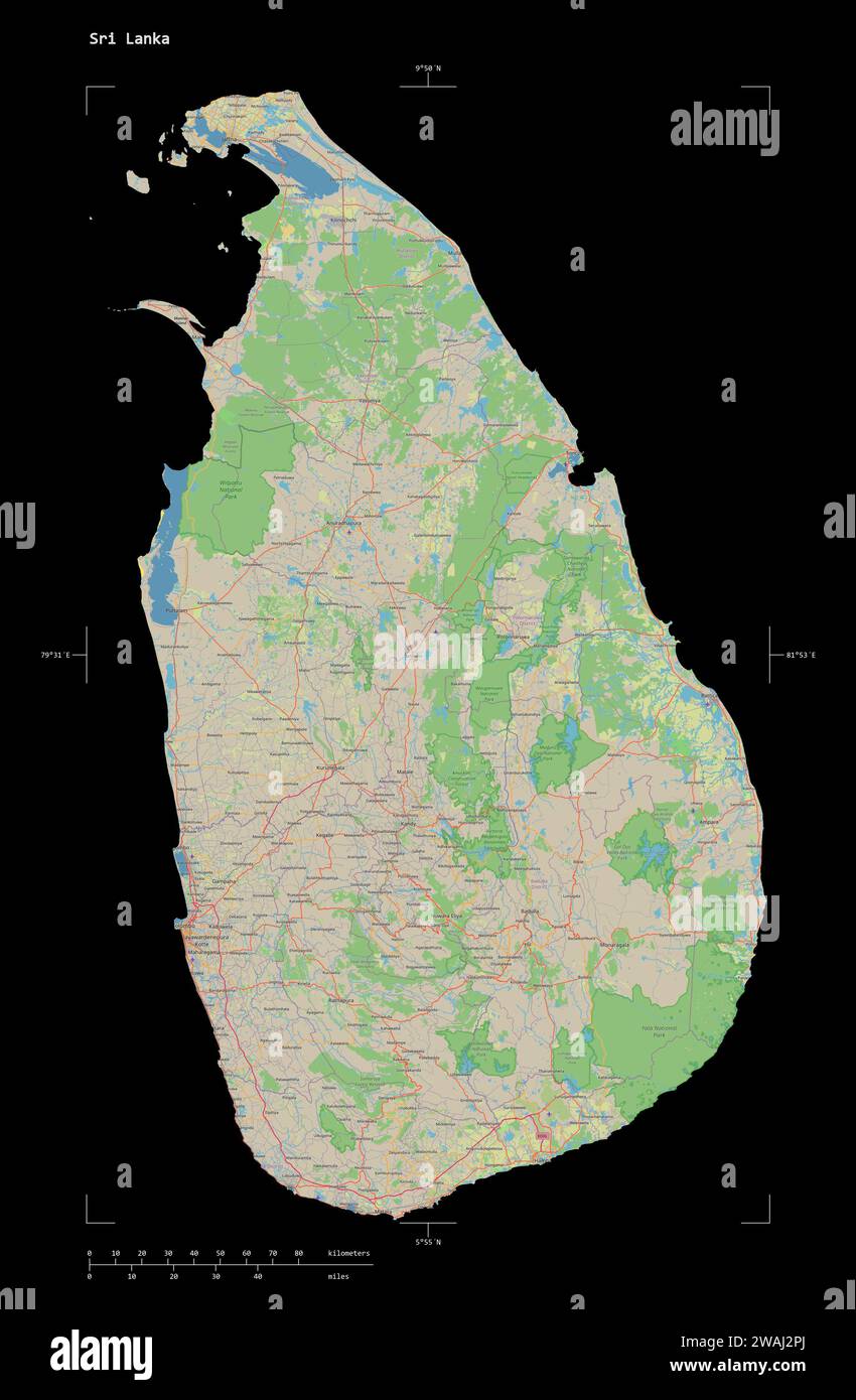 Shape of a topographic, OSM standard style map of the Sri Lanka, with distance scale and map ...