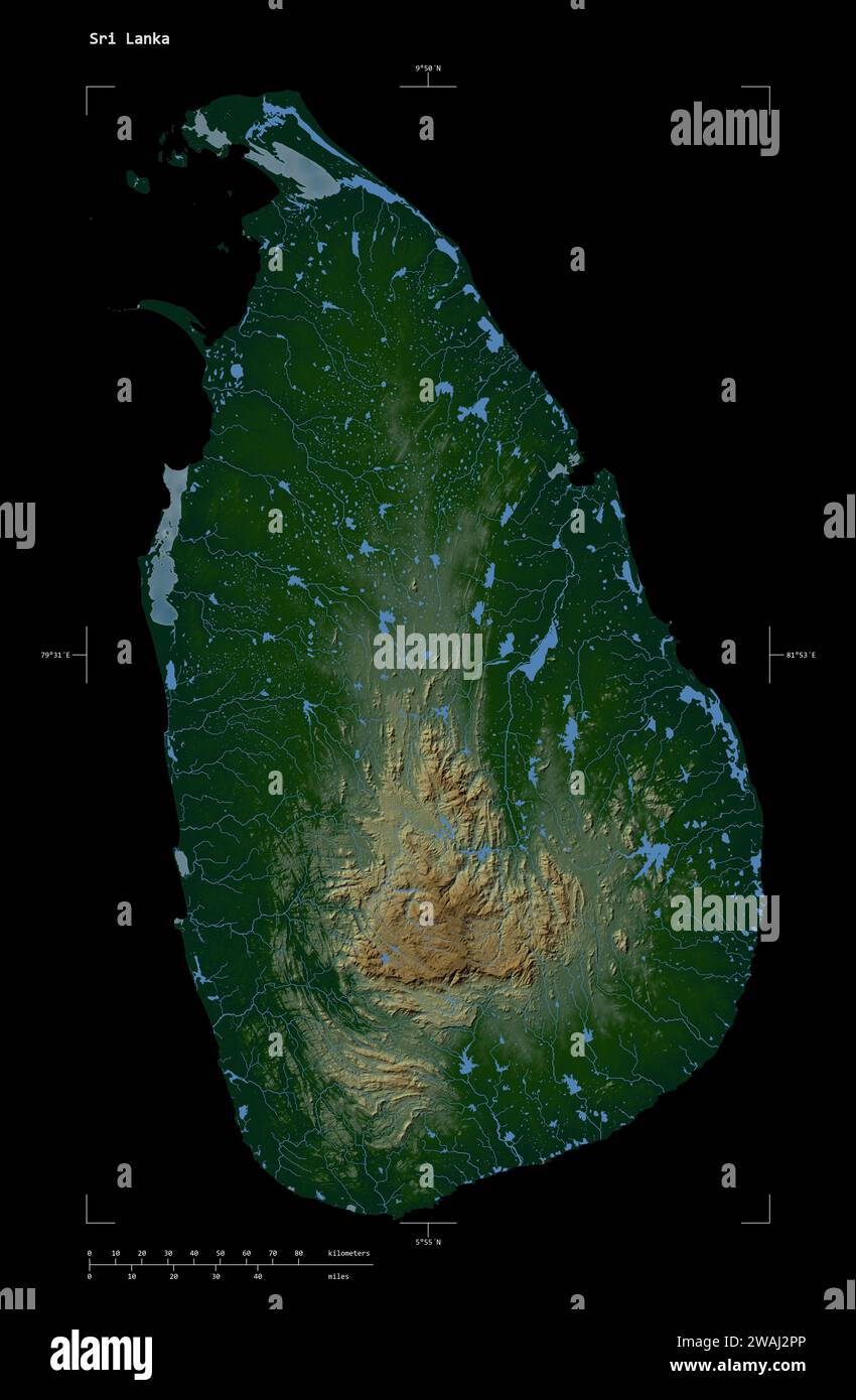 Shape of a Colored elevation map with lakes and rivers of the Sri Lanka ...