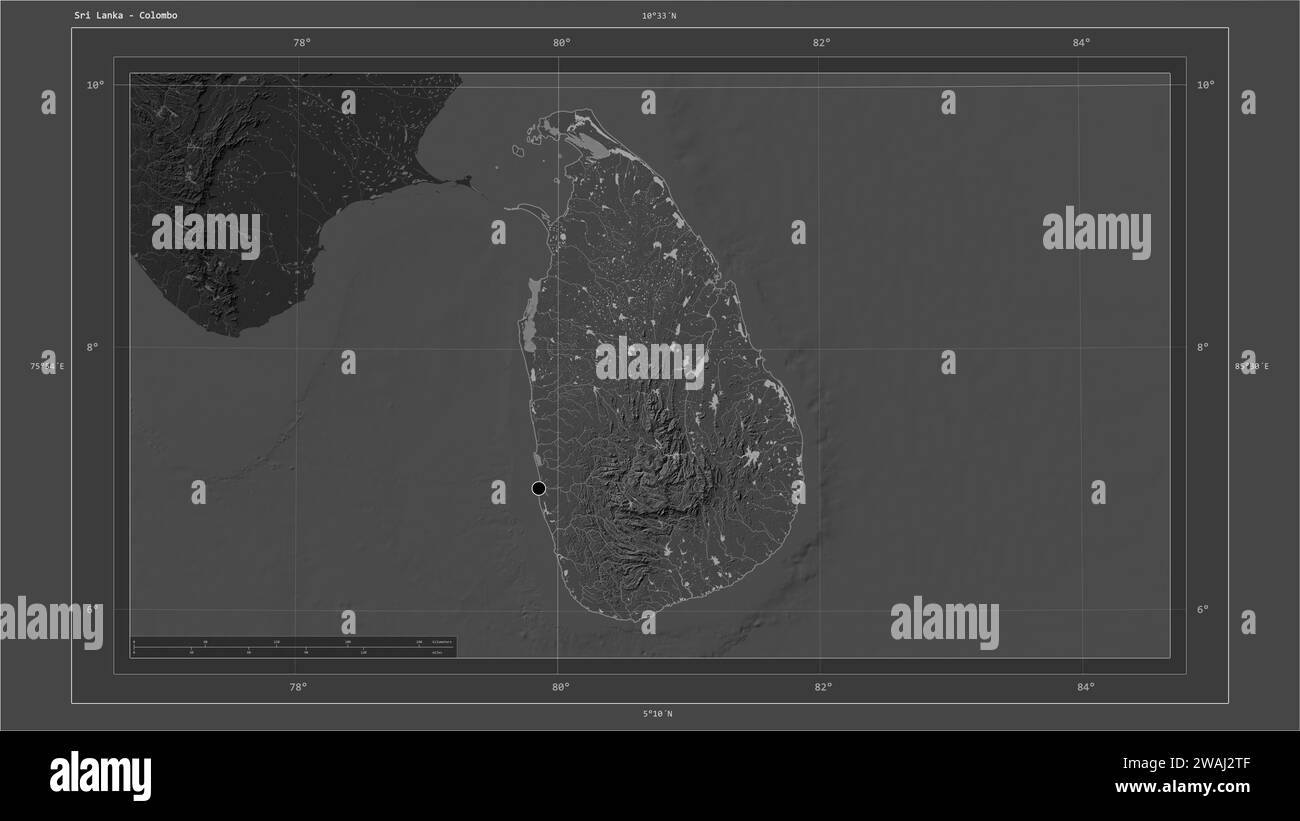 Sri Lanka highlighted on a Bilevel elevation map with lakes and rivers ...