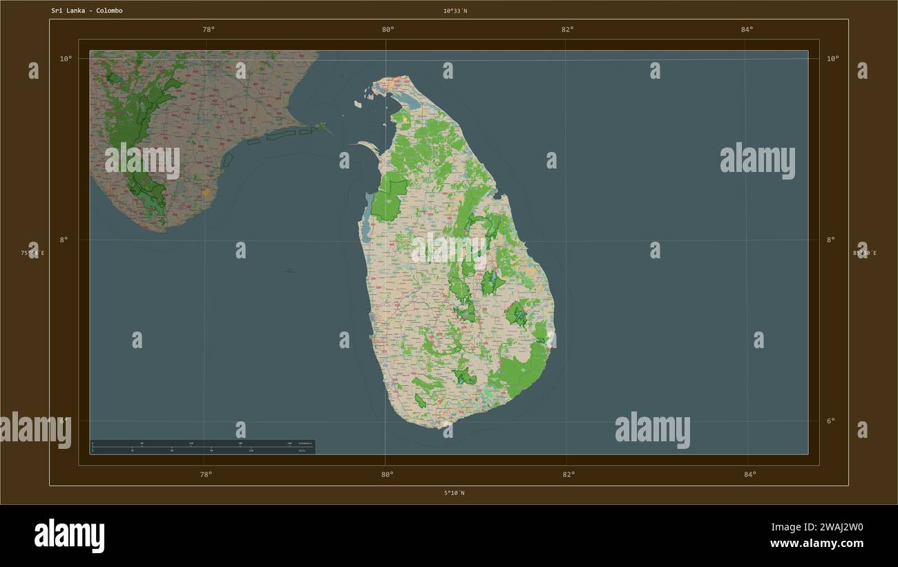 Sri Lanka highlighted on a topographic, OSM France style map map with ...