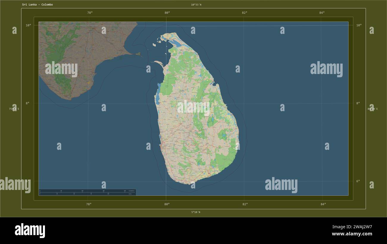 Sri Lanka highlighted on a topographic, OSM standard style map map with the country's capital ...