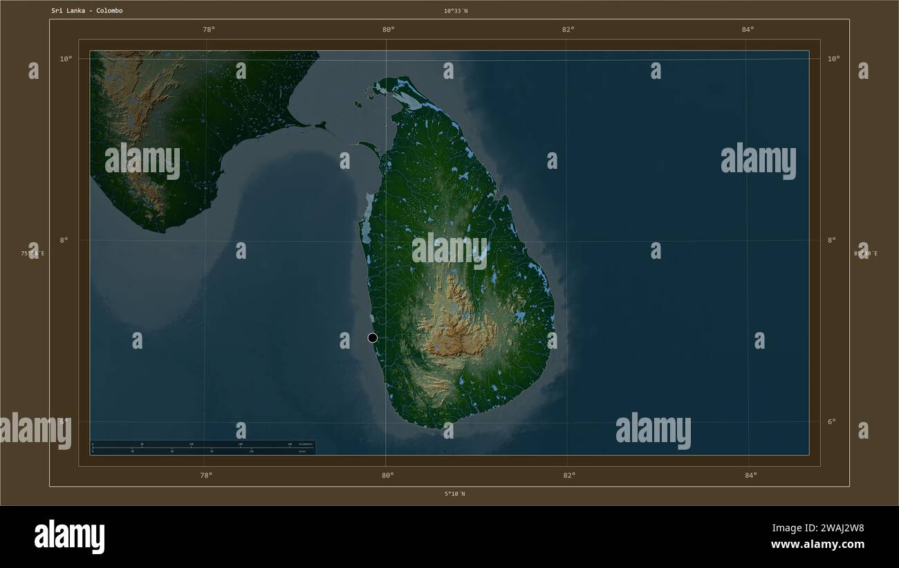 Sri Lanka highlighted on a Colored elevation map with lakes and rivers ...