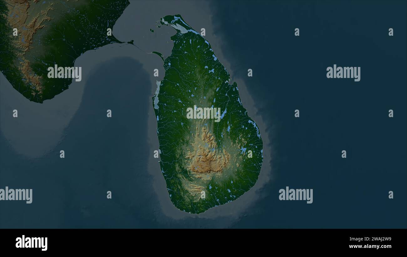 Sri Lanka highlighted on a Colored elevation map with lakes and rivers ...