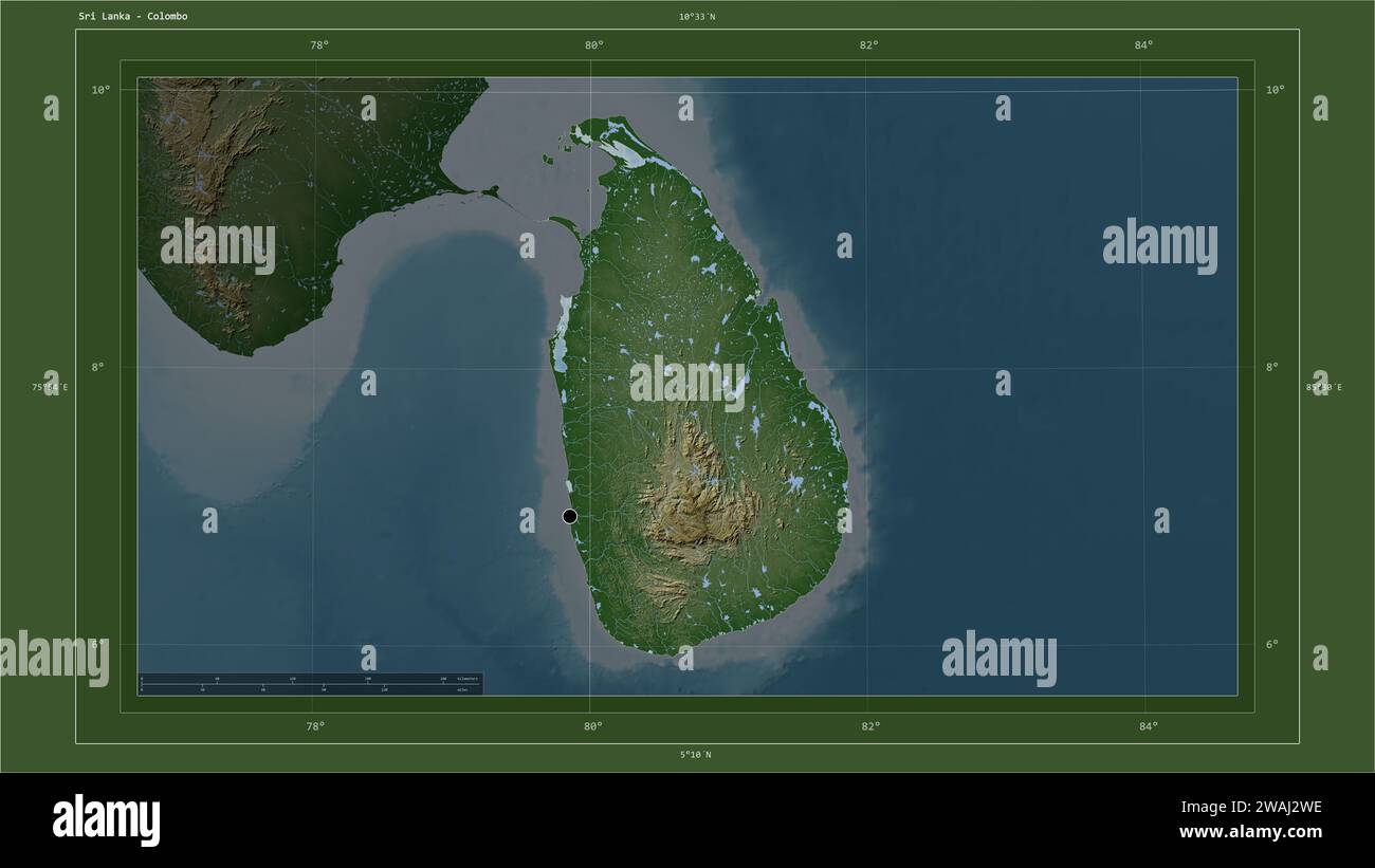 Sri Lanka highlighted on a Pale colored elevation map with lakes and ...