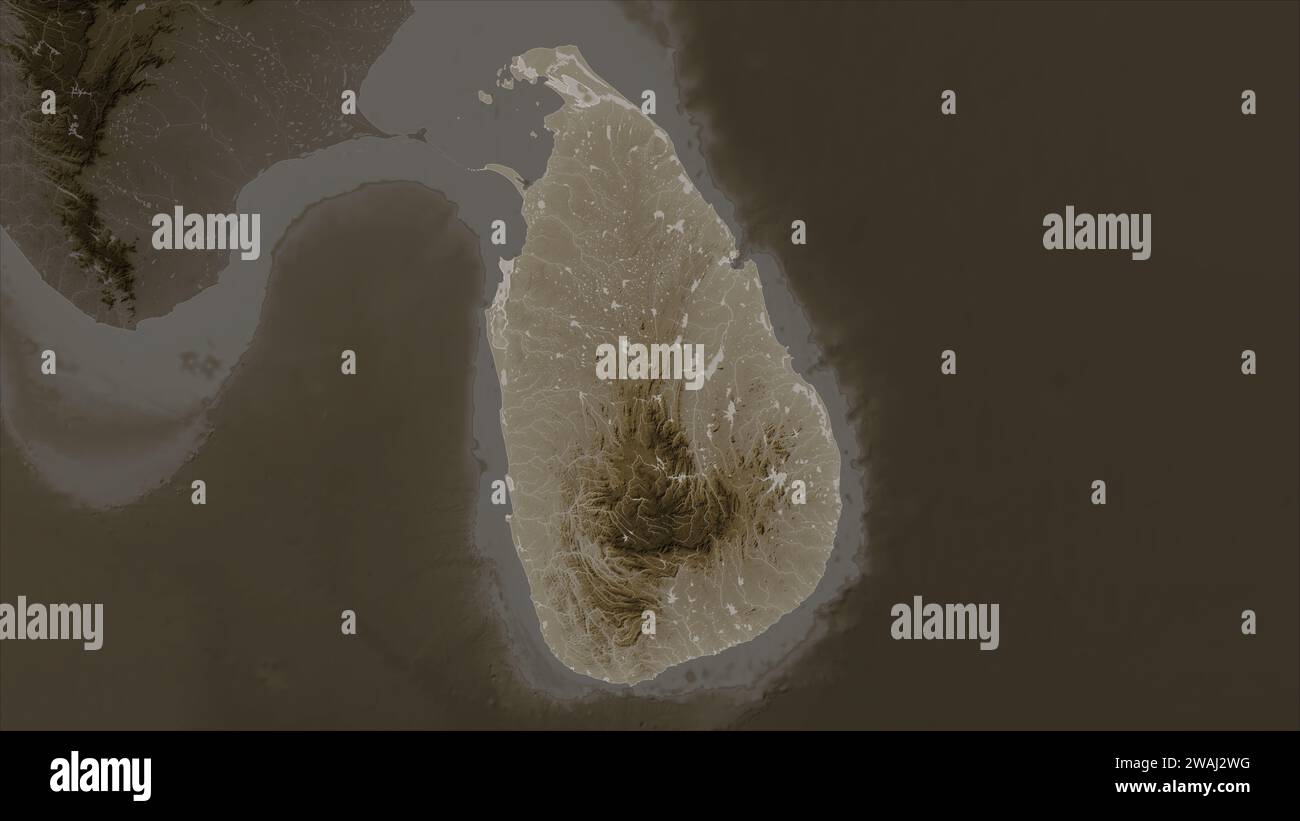 Sri Lanka highlighted on a elevation map colored in sepia tones with ...