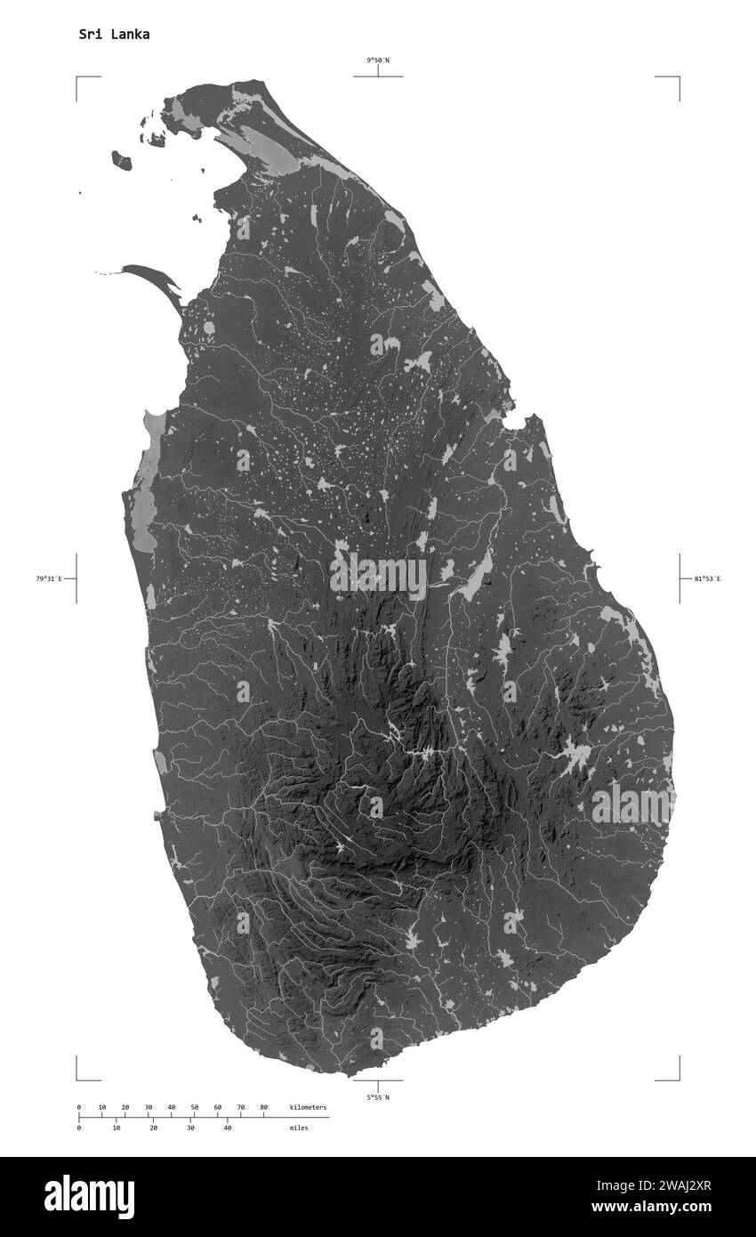 Shape of a Grayscale elevation map with lakes and rivers of the Sri ...