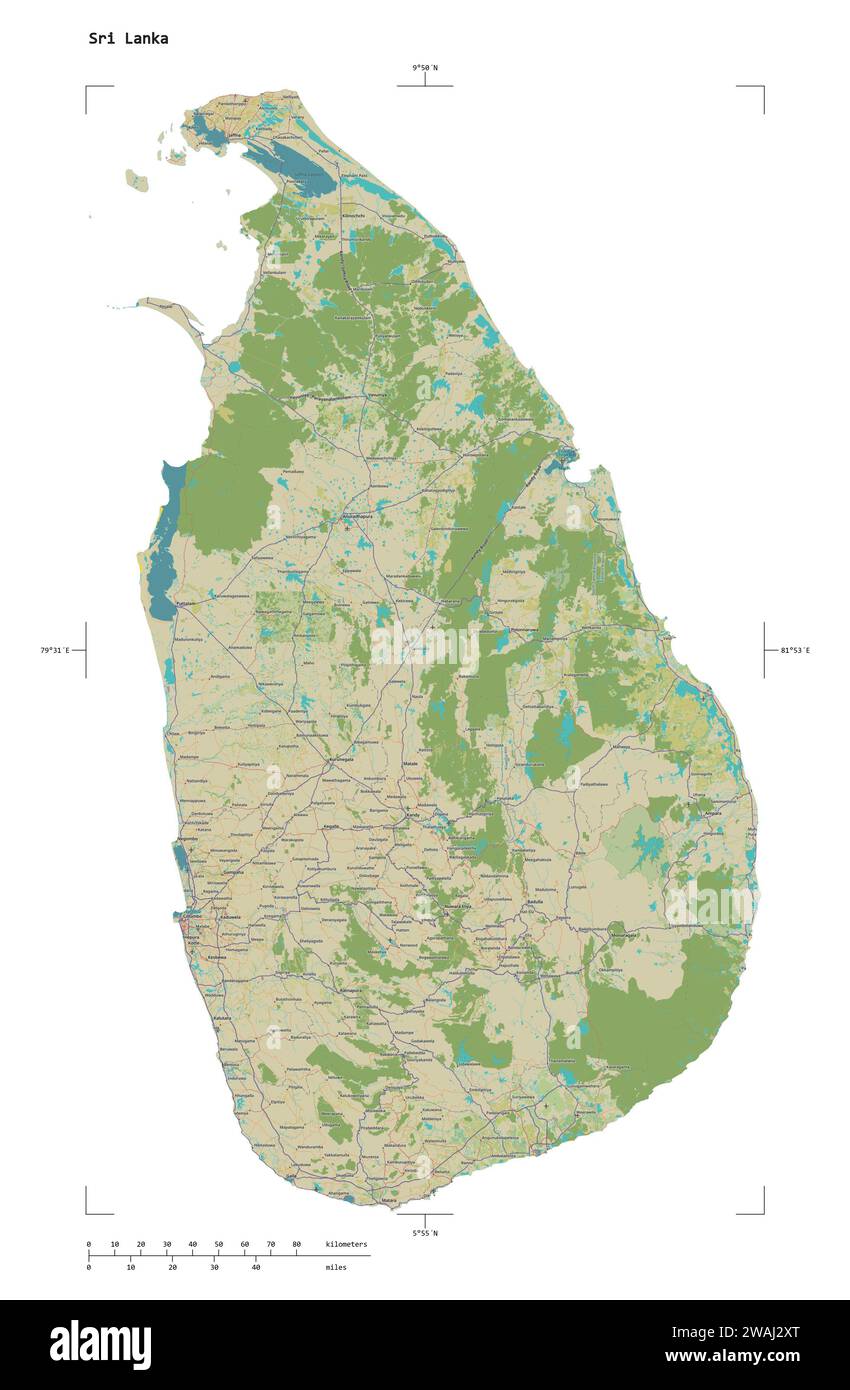 Shape of a topographic, OSM Humanitarian style map of the Sri Lanka ...