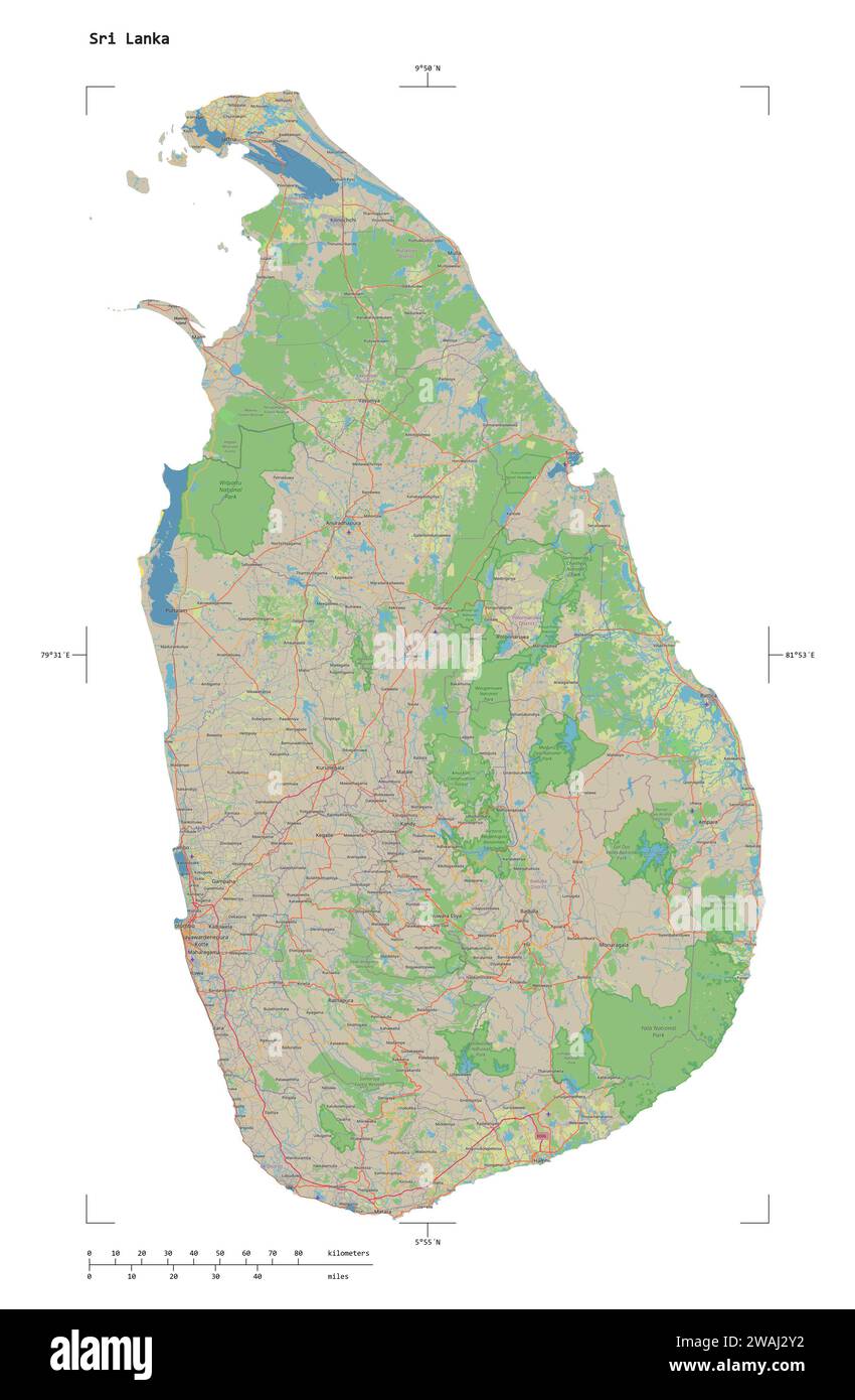 Shape of a topographic, OSM standard style map of the Sri Lanka, with ...
