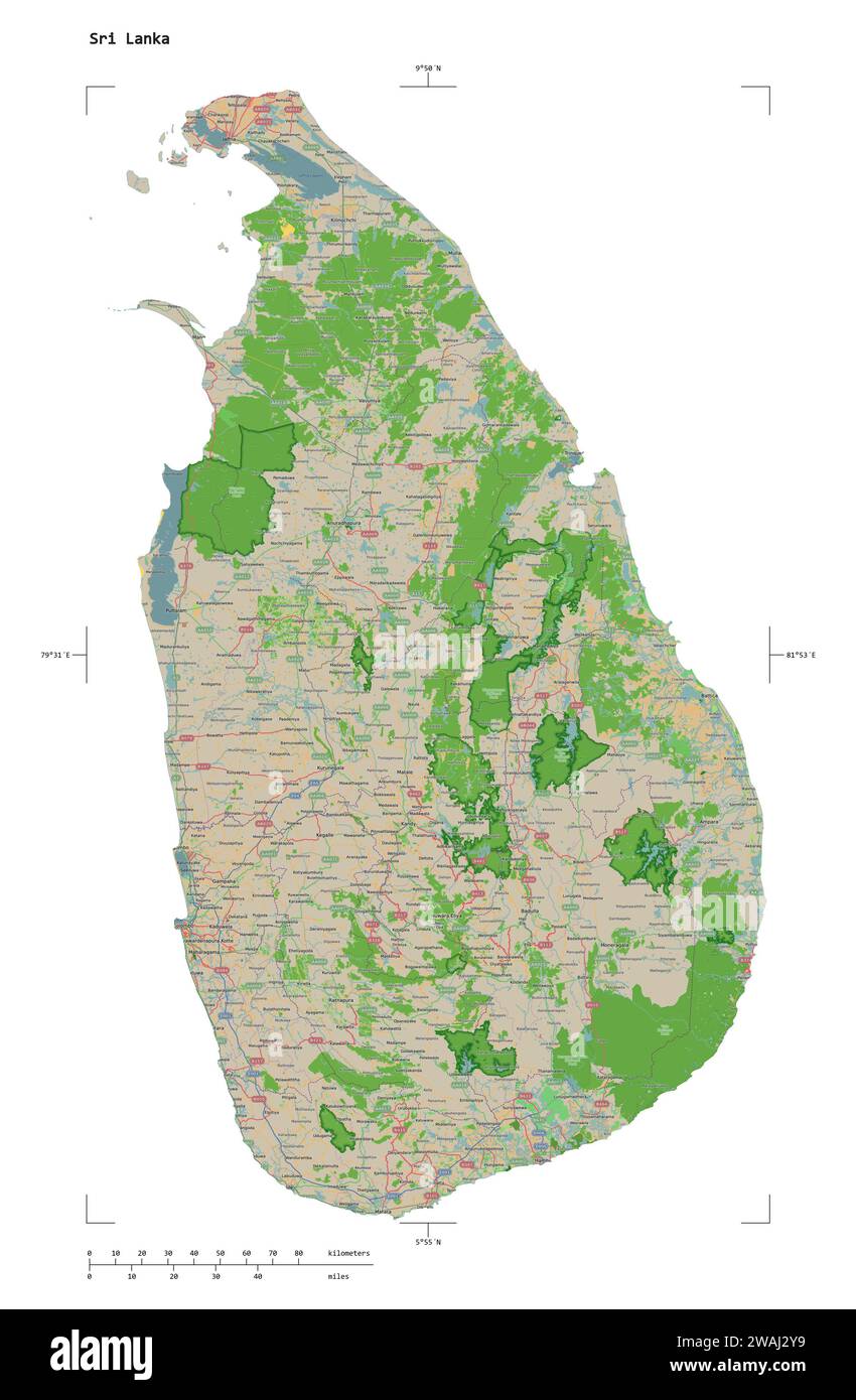 Shape of a topographic, OSM France style map of the Sri Lanka, with ...