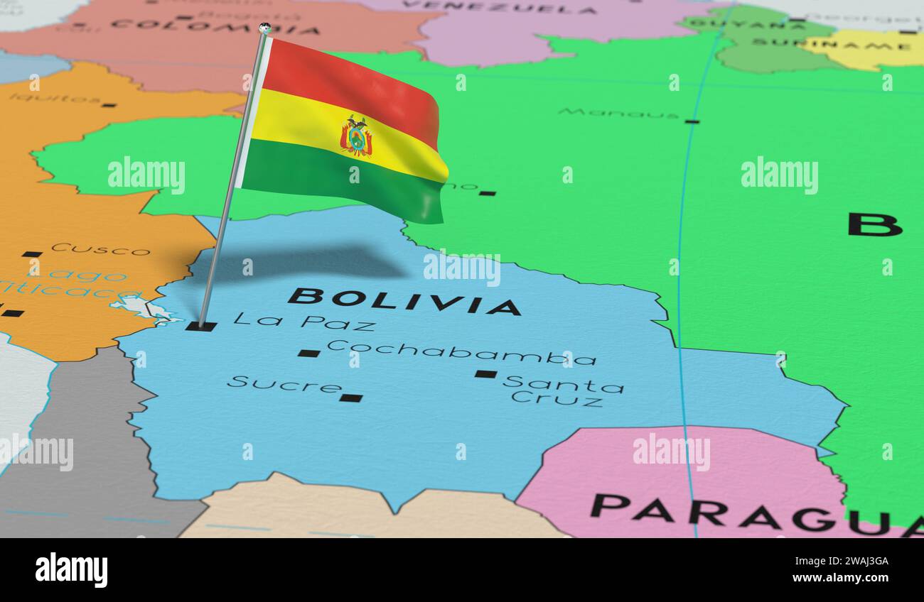 Bolivia, La Paz - national flag pinned on political map - 3D ...