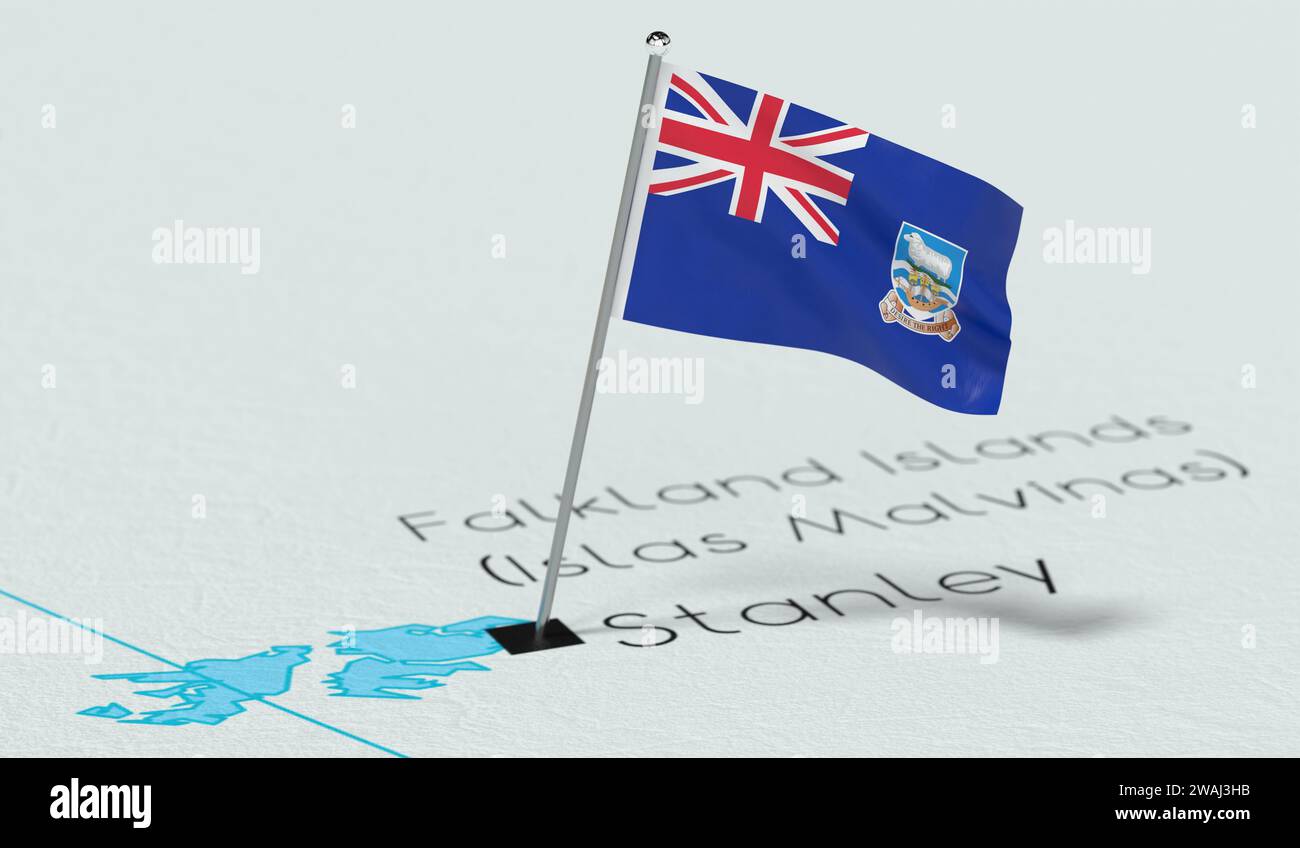 Falkland Islands, Stanley - national flag pinned on political map - 3D ...