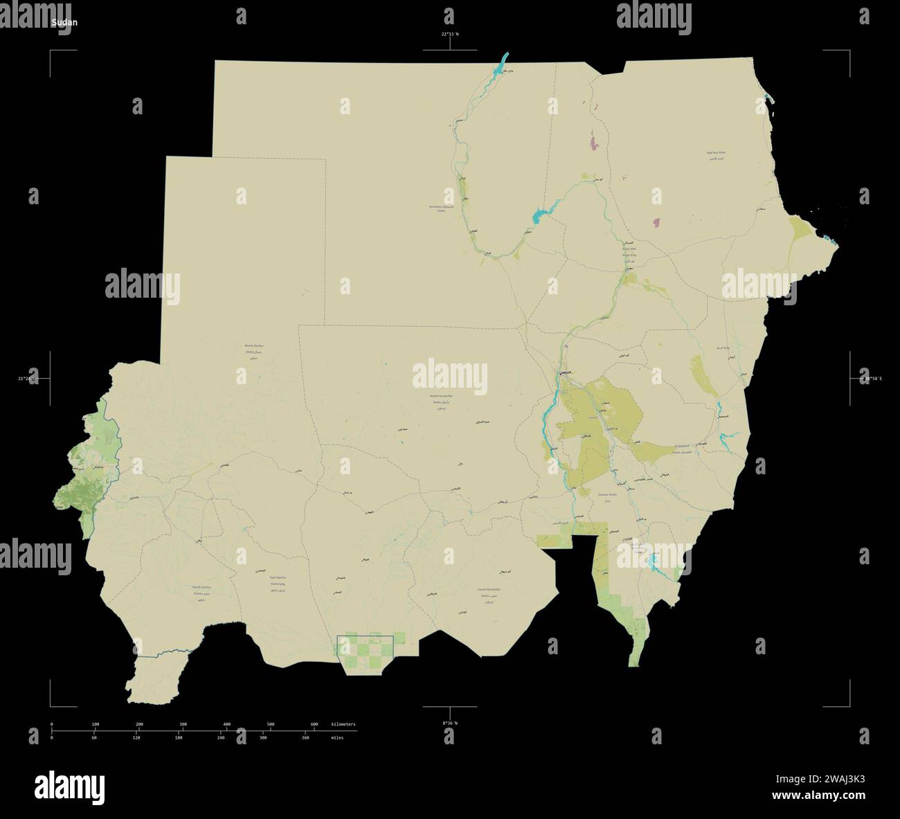 Shape of a topographic, OSM Humanitarian style map of the Sudan, with ...