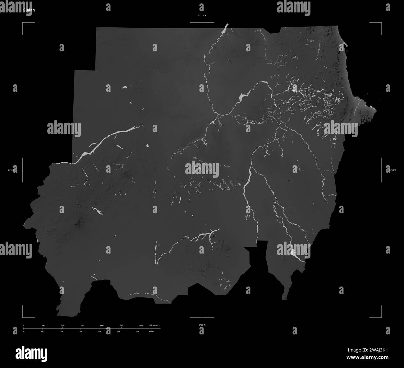 Shape of a Grayscale elevation map with lakes and rivers of the Sudan ...