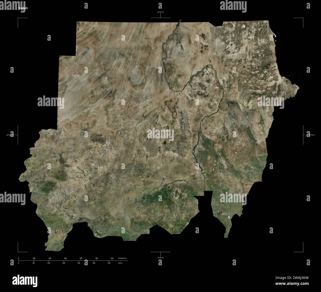 Shape of a high resolution satellite map of the Sudan, with distance ...