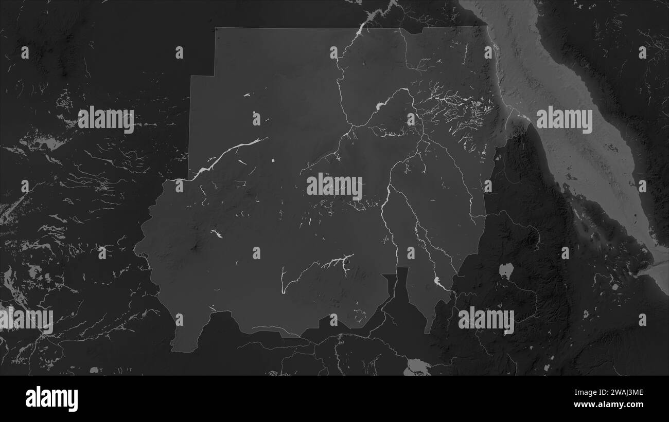 Sudan highlighted on a Grayscale elevation map with lakes and rivers ...