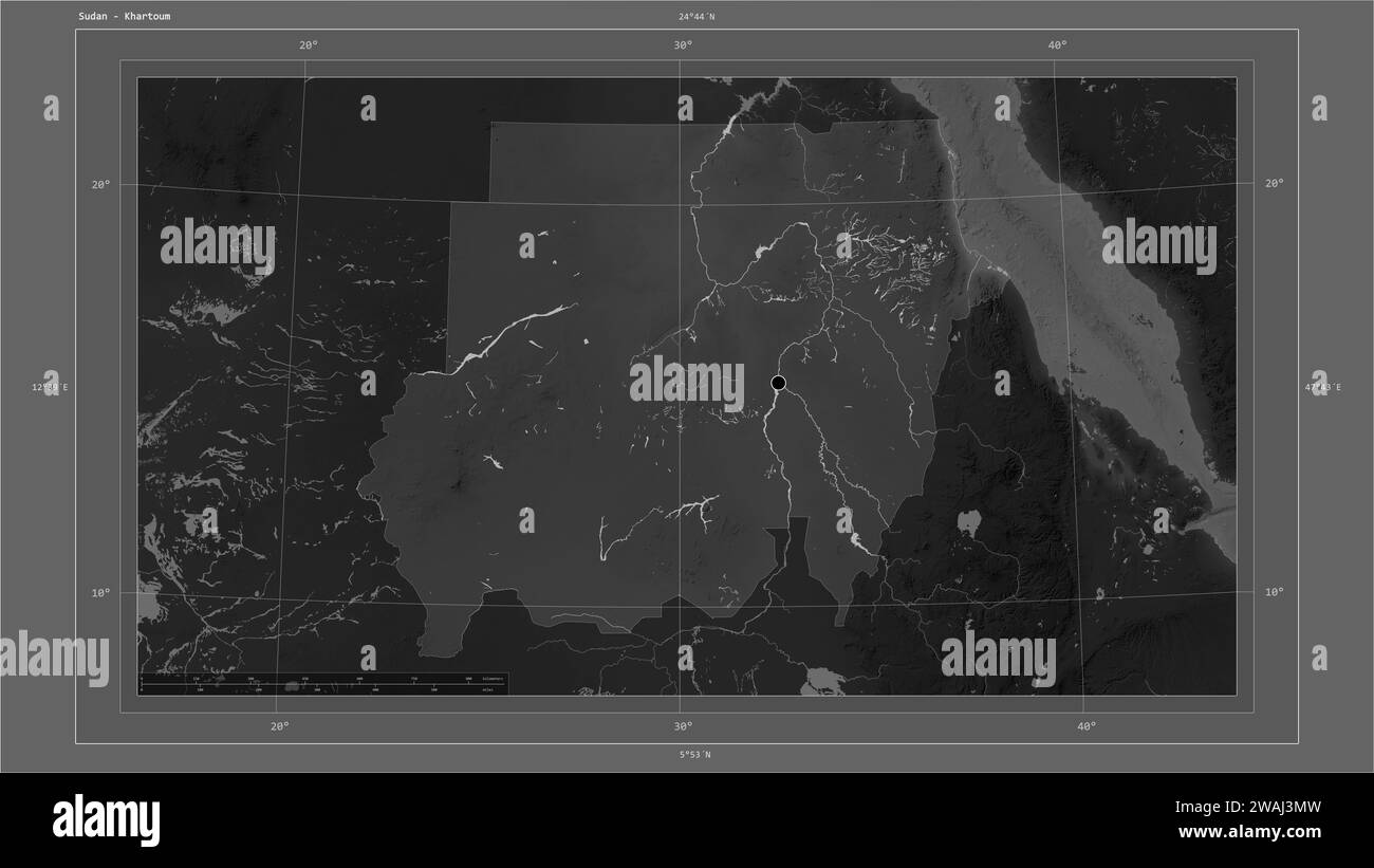 Sudan highlighted on a Grayscale elevation map with lakes and rivers ...